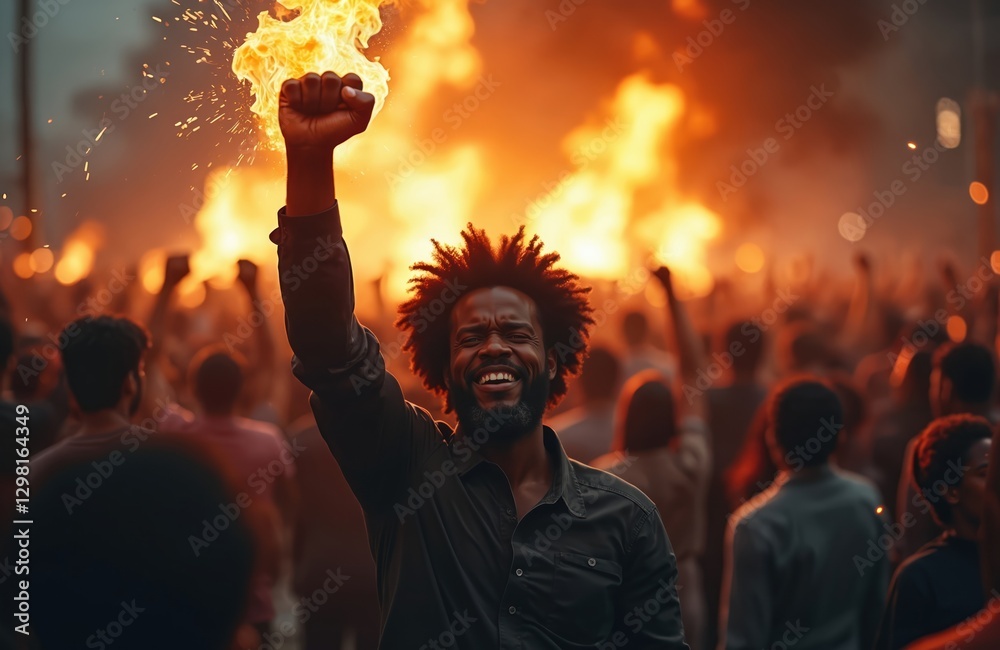 Afro american man raised fist up in angry protest riot crowd. Fire ...