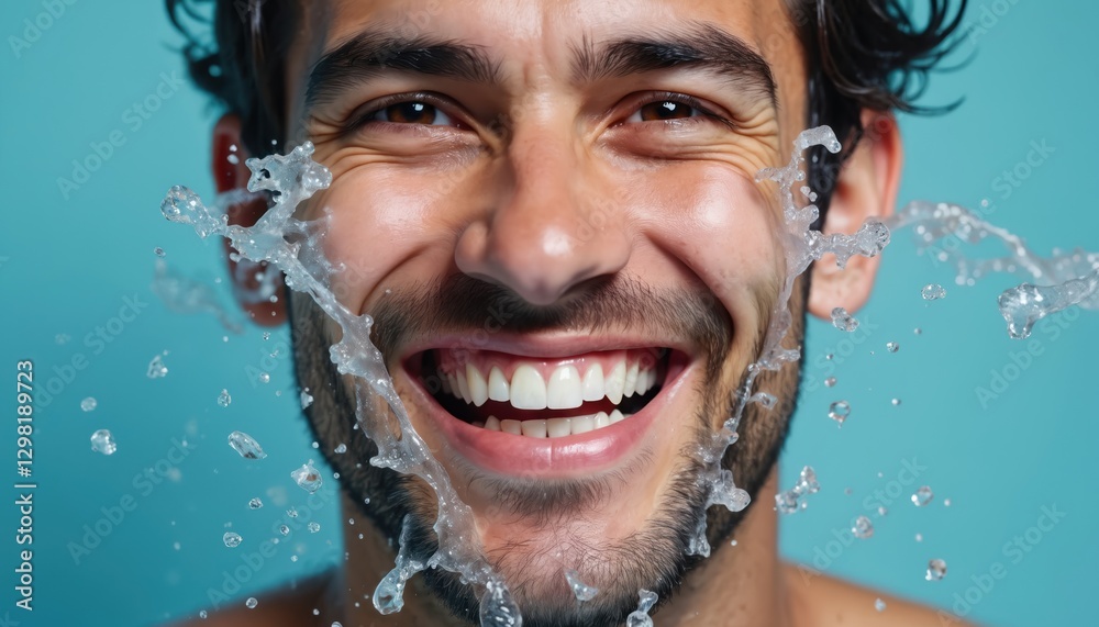 Close up of man splashing water on face. Male model smiles with white ...