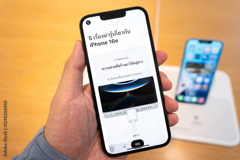 Bangkok Thailand FEB 28 2025: Apple launch new smartphone iPhone 16e. iPhone 16e in an Apple ...