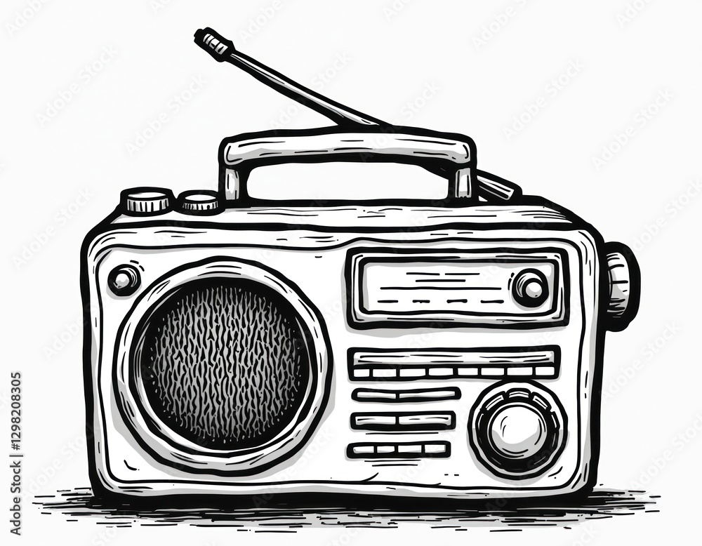 Black and white cartoon illustration of retro radio player. Hand drawn ...