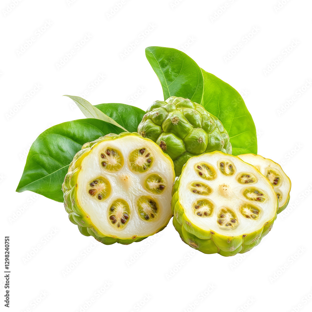 Freshly sliced noni fruits showcasing their vibrant green skin and ...