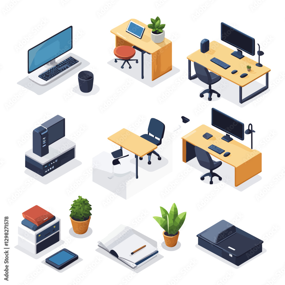 Isometric office set up with computers, desks, chairs, and accessories ...