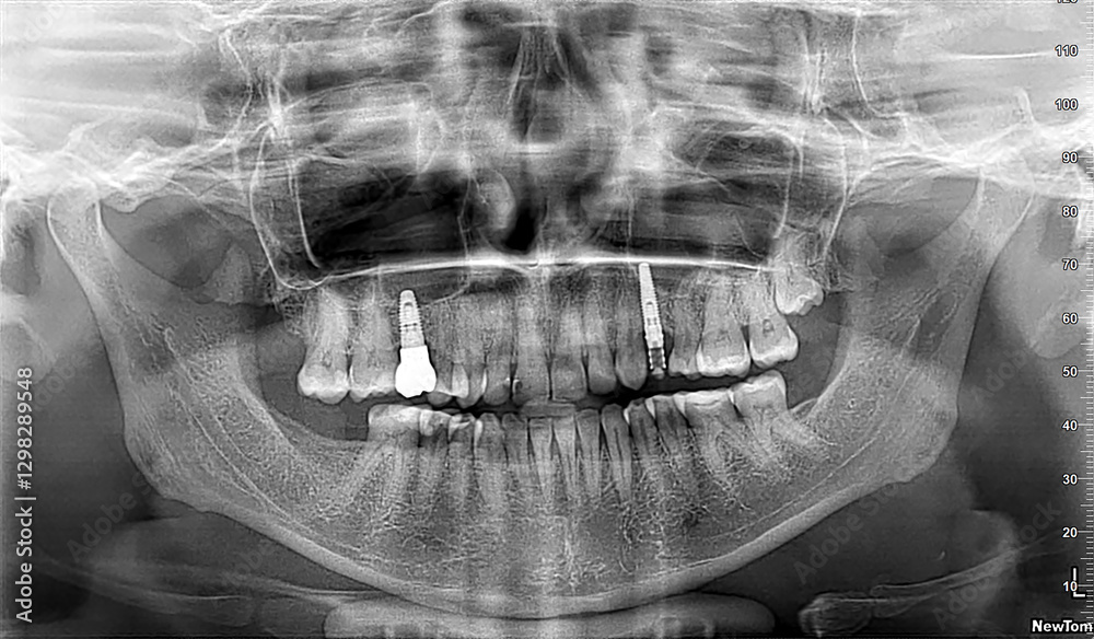 3D panoramic X-ray image of an adult female's teeth with dental implant ...