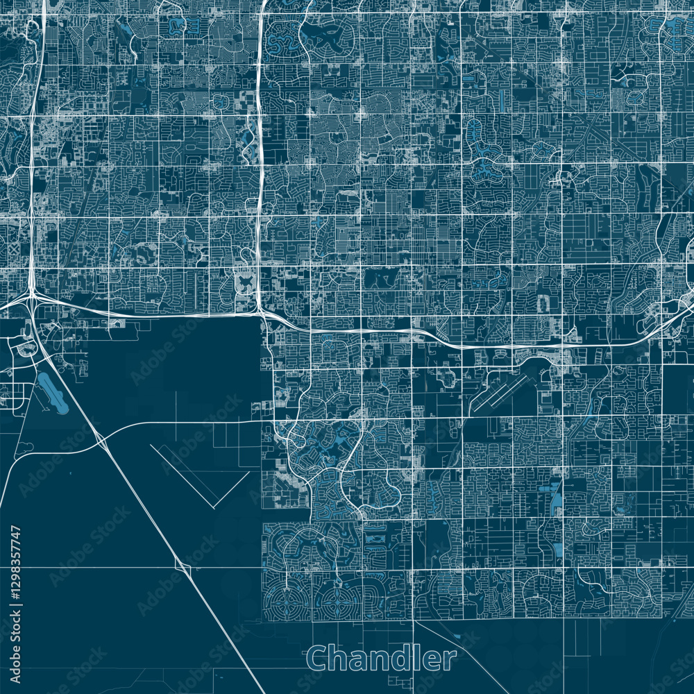 This detailed map showcases the city of Chandler, Arizona, with a dark ...