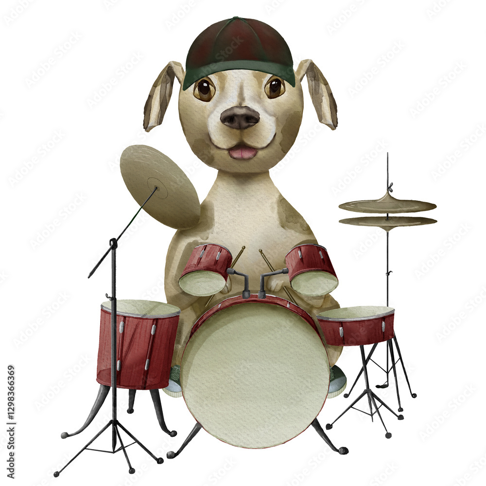 Watercolor illustration of a dog with floppy ears, wearing a cap and ...