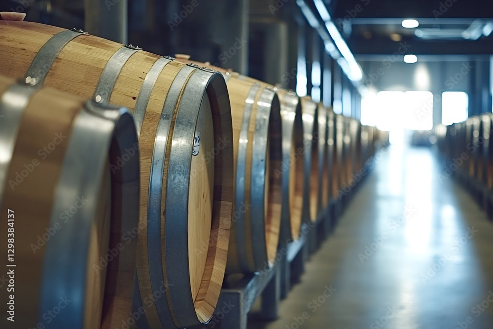 Oak wine barrels aging in rows in a modern industrial style cellar of a ...