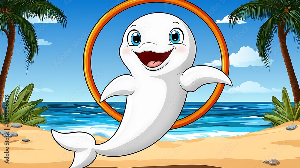 Cartoon dolphin jumping through hoop on beach. Palms and sea background ...