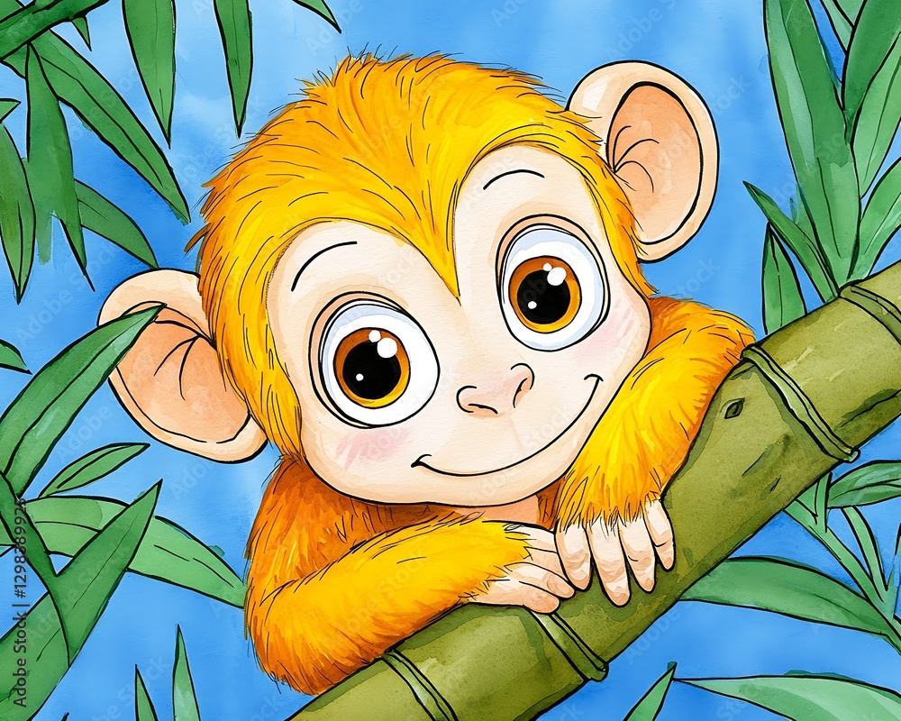 Cartoon monkey clinging to bamboo; playful design element against a ...