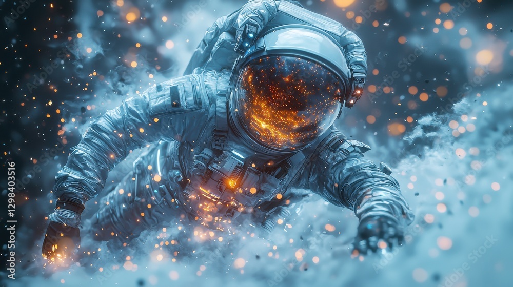 Astronaut navigating through cosmic clouds with glowing particles in a ...