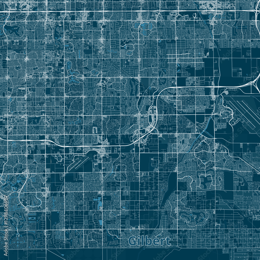 This is a detailed map of Gilbert, Arizona, rendered in a minimalist ...