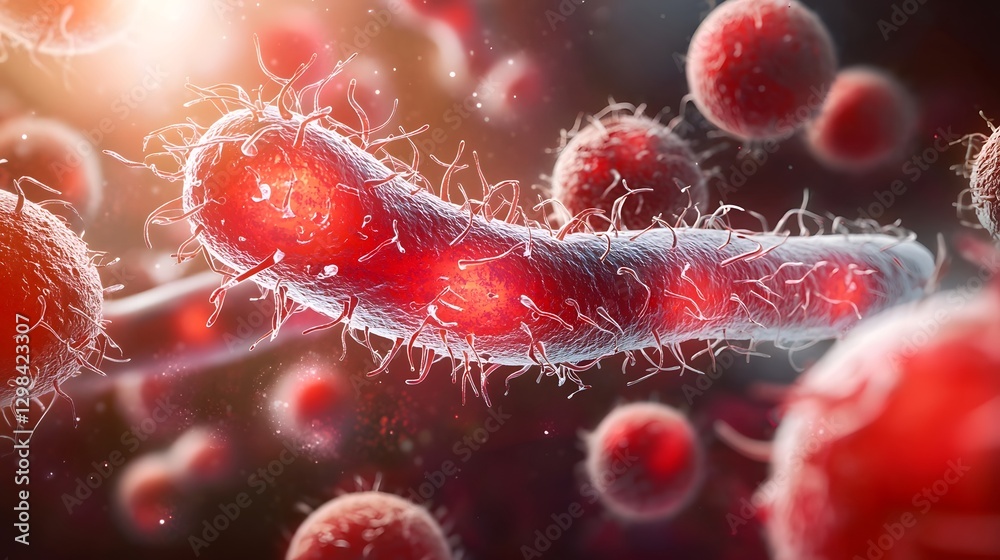 depiction of multicolored bacteria and red cells floating in a liquid ...