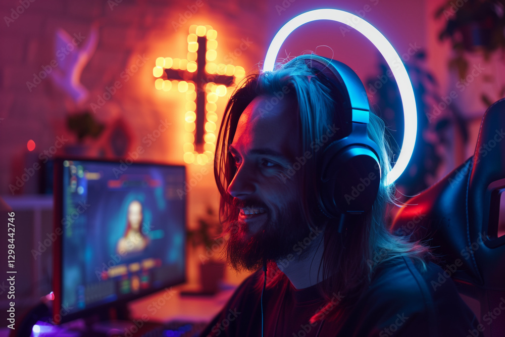 Foto de Stock Jesus Christ Streamer as a modern gaming influencer ...
