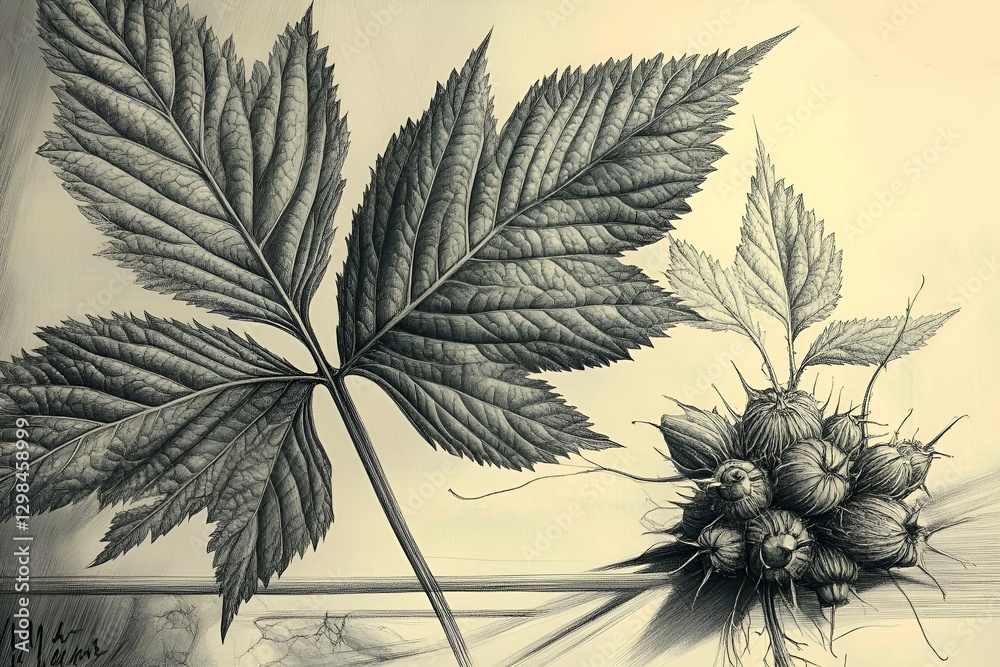 Botanical illustration of a raspberry plant with detailed leaves and ...