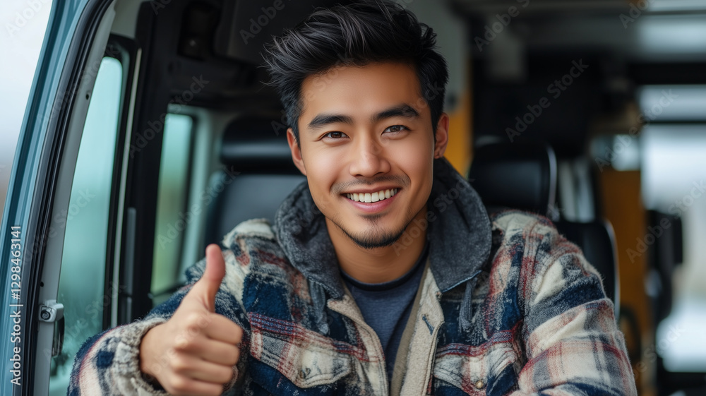 Smiling man in van giving thumbs up, expressing positivity and ...