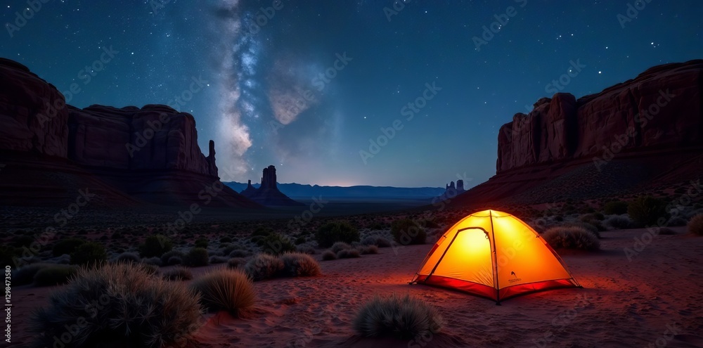 Glowing tent under starry night sky amidst red rock formations in ...