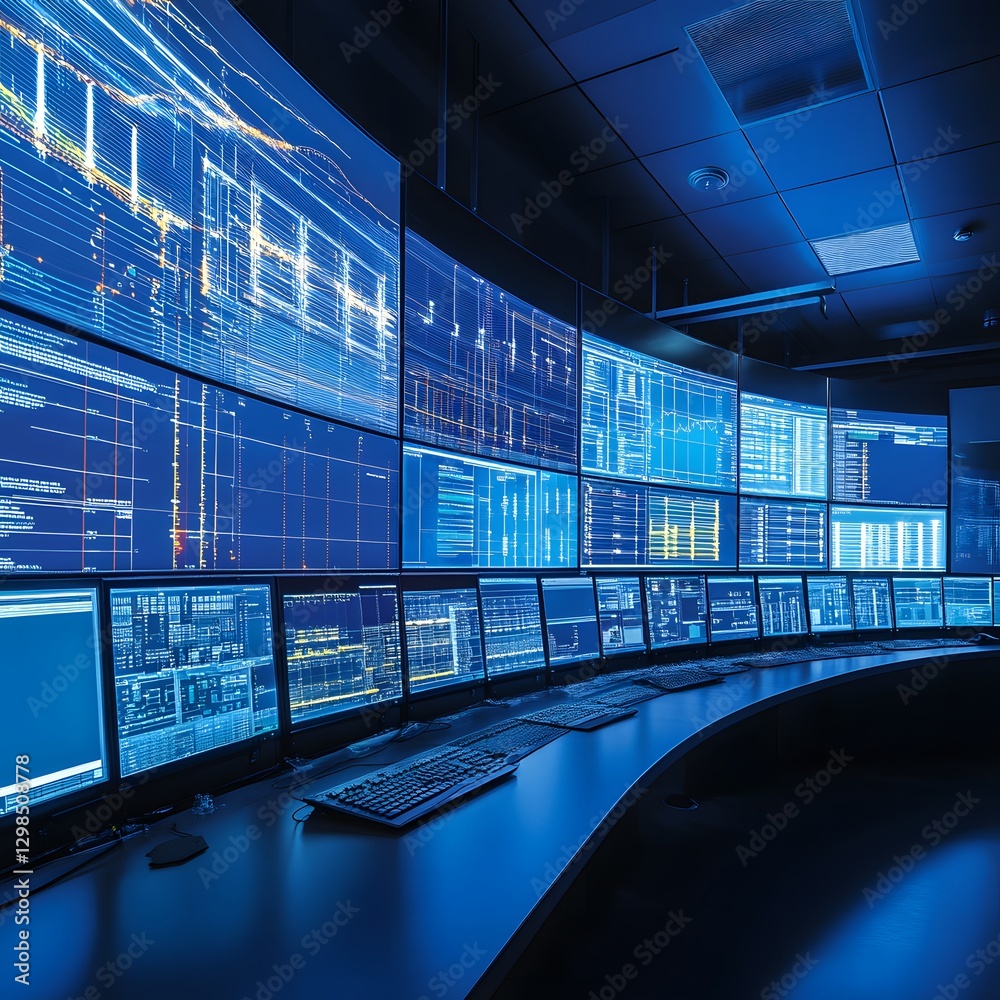 Modern control room featuring multiple displays showcasing data and ...
