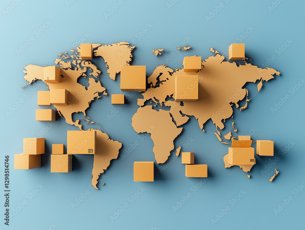 world map with cardboard boxes in various locations, symbolizing global ...