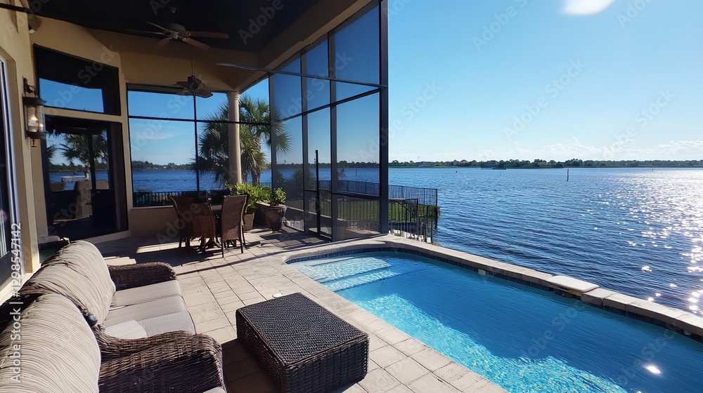 Florida luxury mansion lanai patio on the waterfront with screened in ...