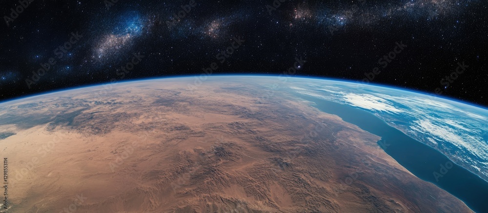 A panoramic view of the Earth from space, showing an arid desert in ...