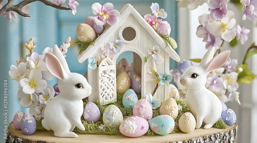 Easter-Themed Birdhouse with Bunnies and Pastel Eggs, Surrounded by ...