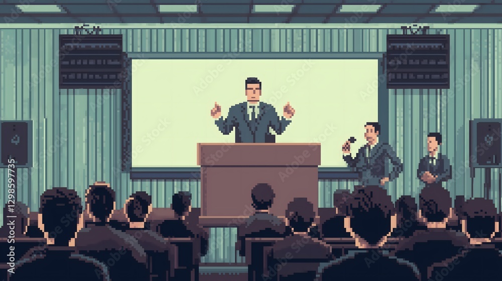 Business Conference with Speaker at Podium in Pixel Art Style - 8bit ...