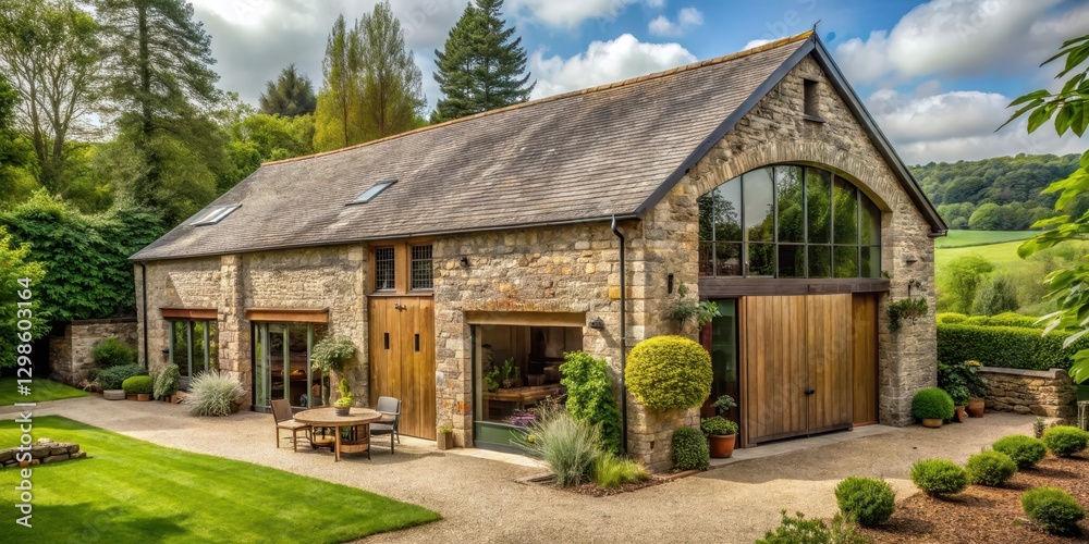 Vintage-inspired rustic barn conversion with original doors and windows incorporated into the ...