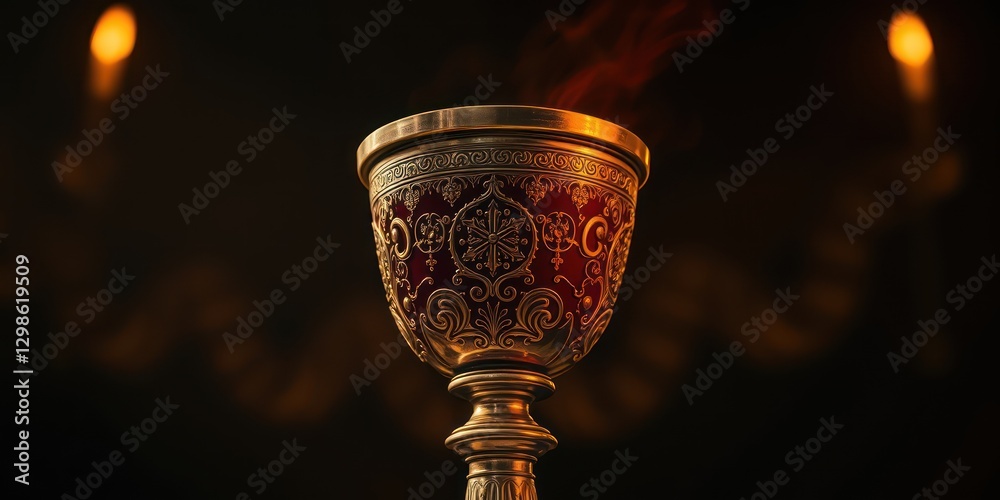 The golden chalice stands filled with wine, symbolizing the Eucharist ...