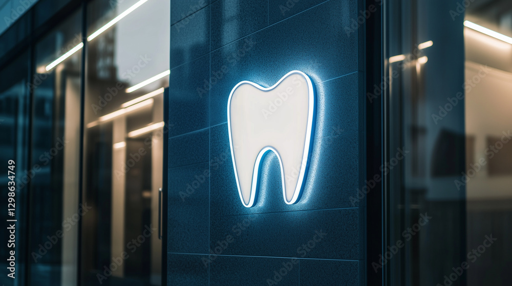 Illuminated dental clinic tooth sign glowing against a modern ...