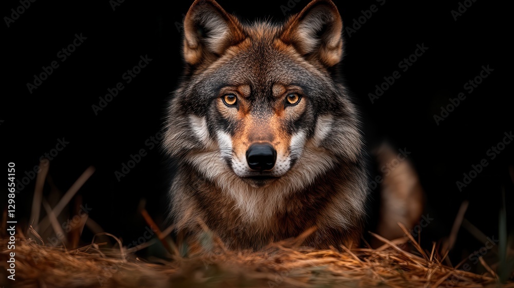 This image features a wolf lying low with a focused gaze, blending with ...