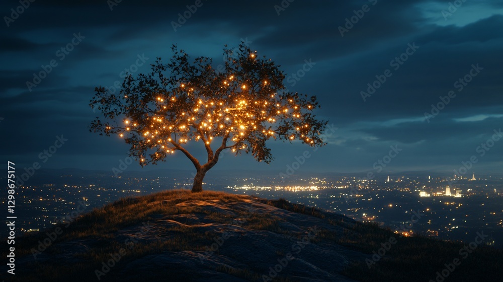 Serenity of a Lonely Tree on Hill with City Lights - Ideal for ...