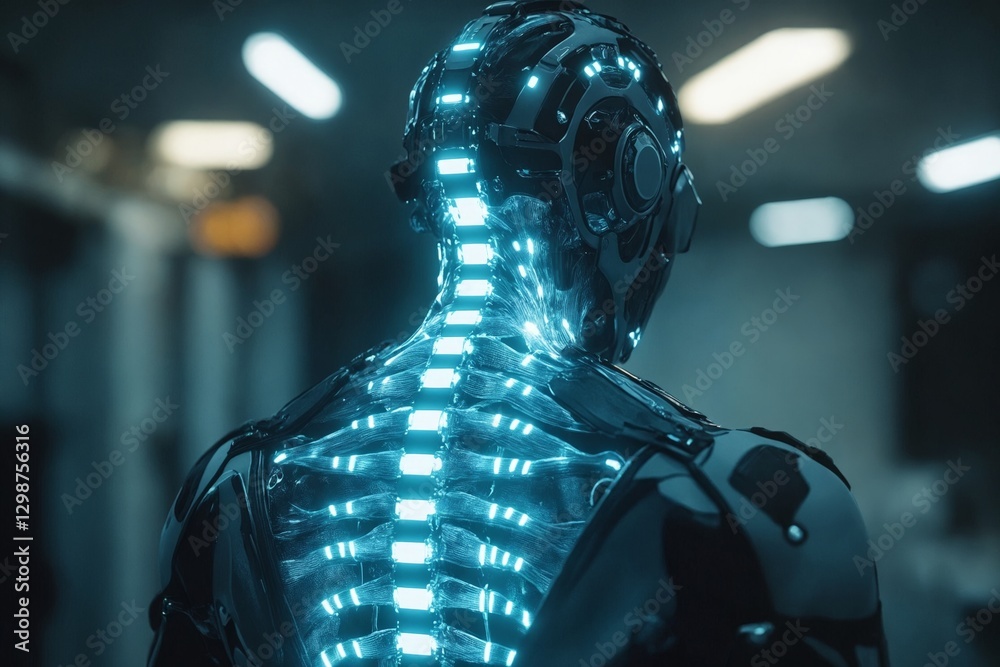 Un robot futurista con un diseño brillante y luces LED en su espalda ...