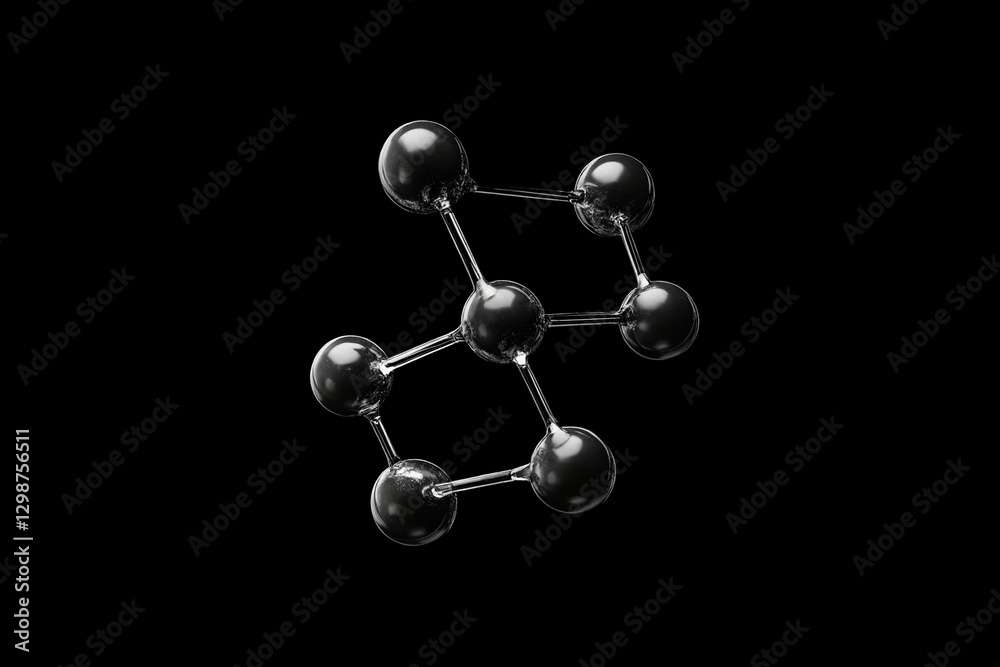 Modelo molecular en 3D con esferas negras y enlaces, representando una ...