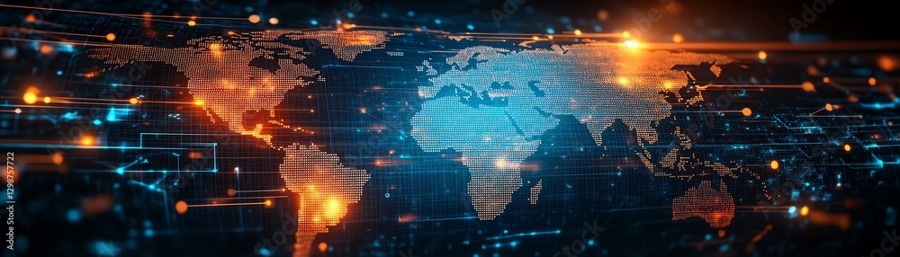 Global business strategy, world map on digital screen, modern tech ...