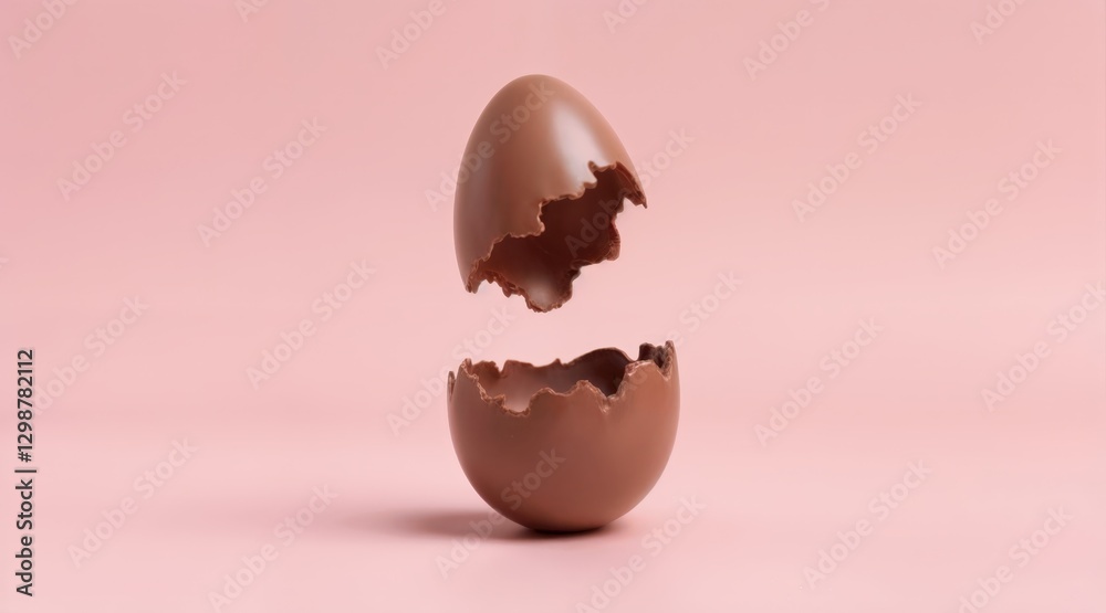 Cracked light brown chocolate Easter egg resting on a pale pink surface ...