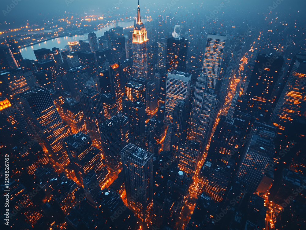 dazzling city skyline from above, featuring illuminated skyscrapers ...