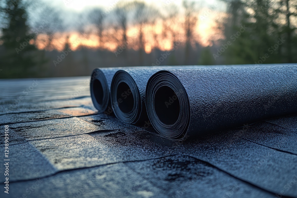 Rolls of soft roofing material laid out on flat roof during early ...