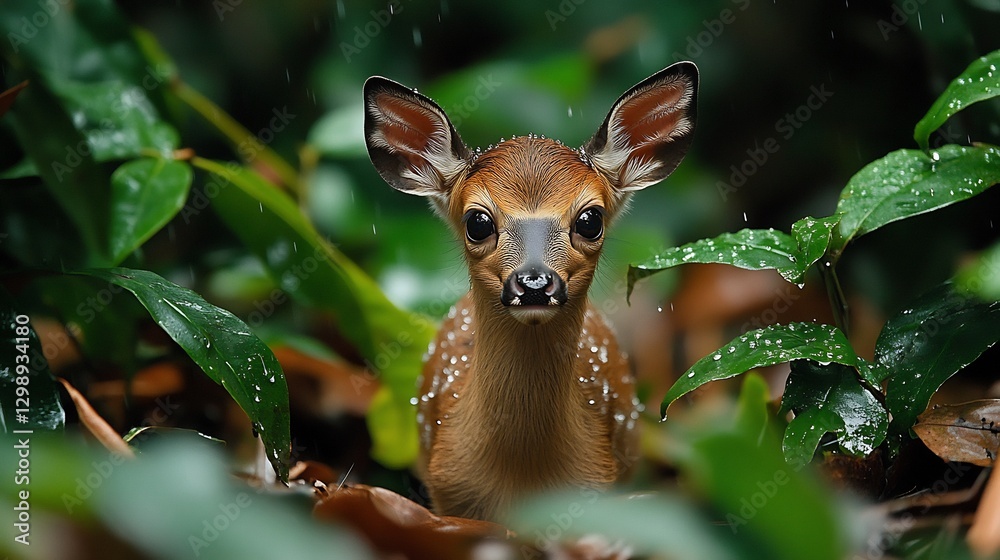 Tiny Pudu the worlds smallest deer peering through the dense underbrush ...