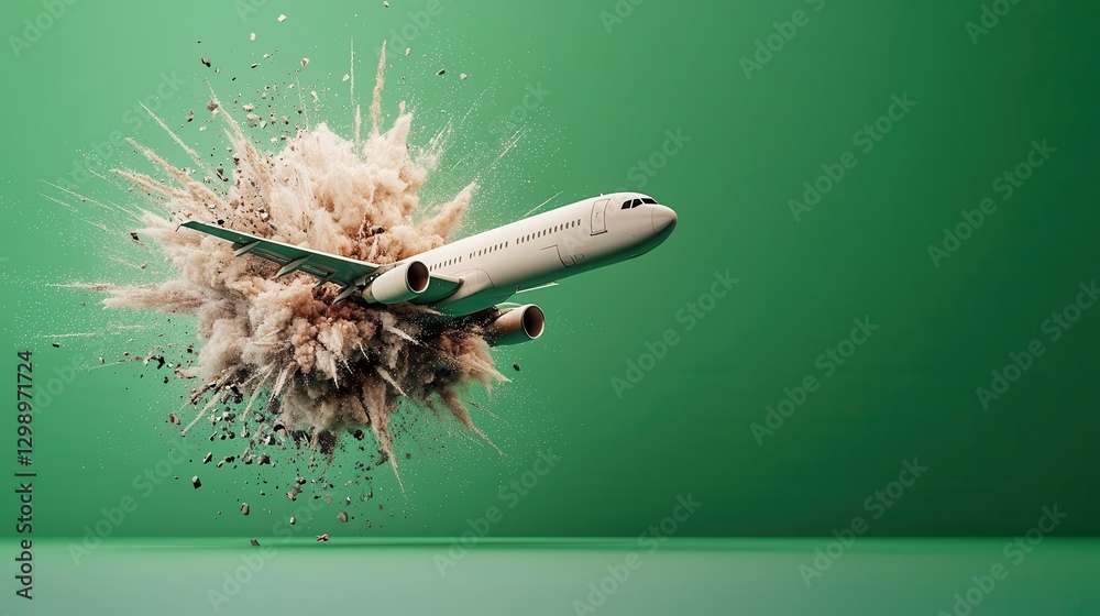 Exploding airplane fuel tank midair, fireball expanding outward, green ...