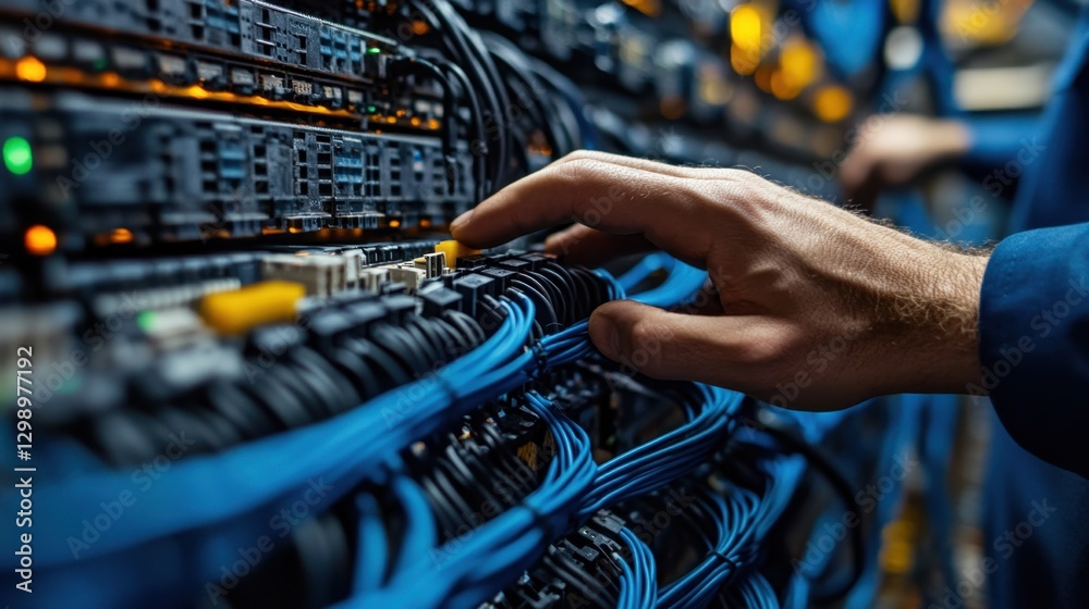 Technician managing network cables in a server room, ensuring ...