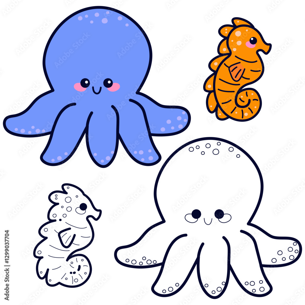 Coloring page of marine life. Hand drawn sea animals. Cartoon isolated ...