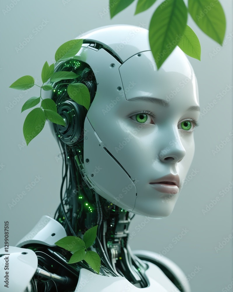 A Robotic Humanoid Face Made of Living Leaves. AI branding, biotech ...