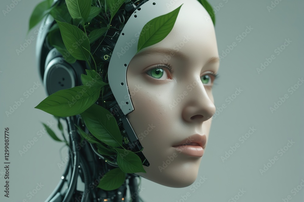 A Robotic Humanoid Face Made of Living Leaves. AI branding, biotech ...