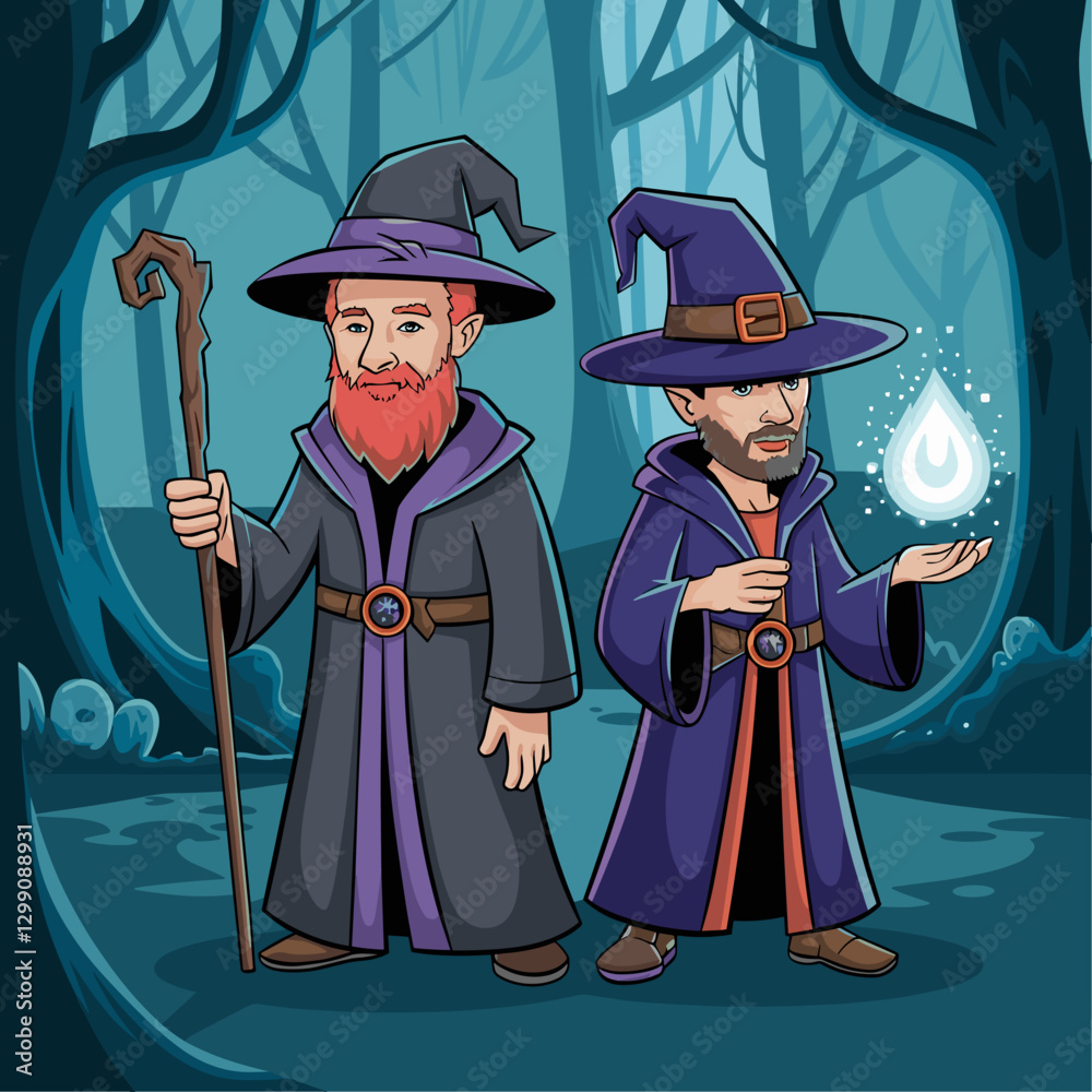 Mystical sorcerer with witchcraft powers - cartoon vector set of two male magician characters ...