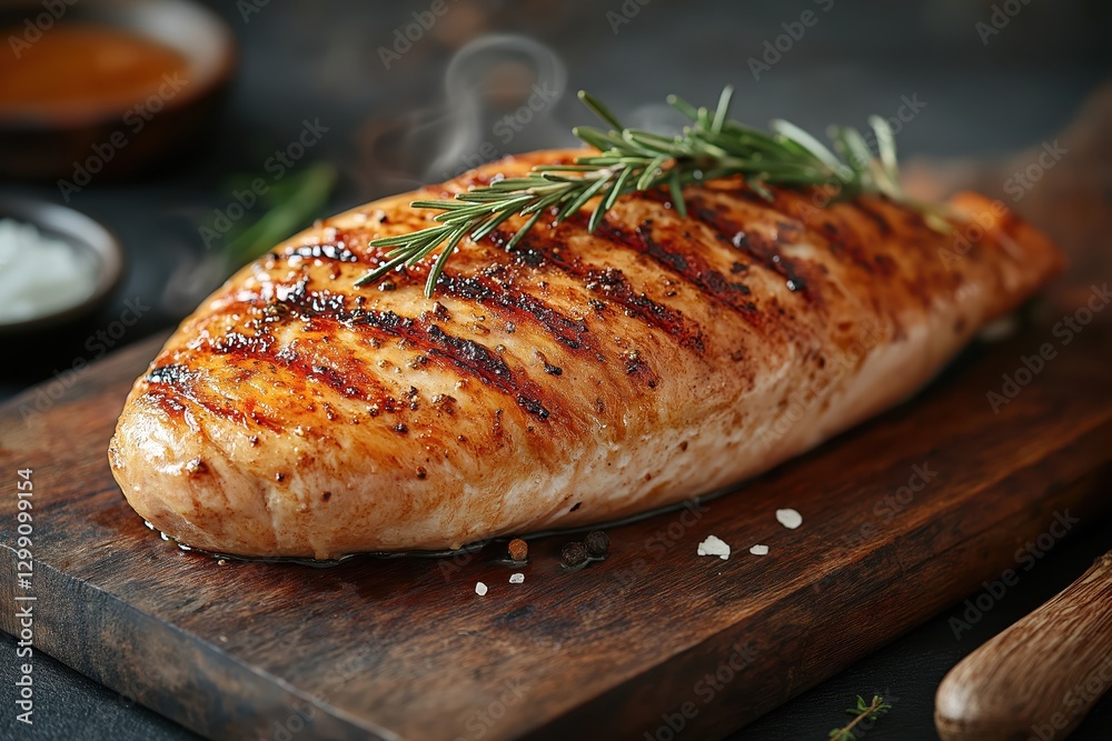 Grilled turkey breast with rosemary and salt flakes, glistening on ...