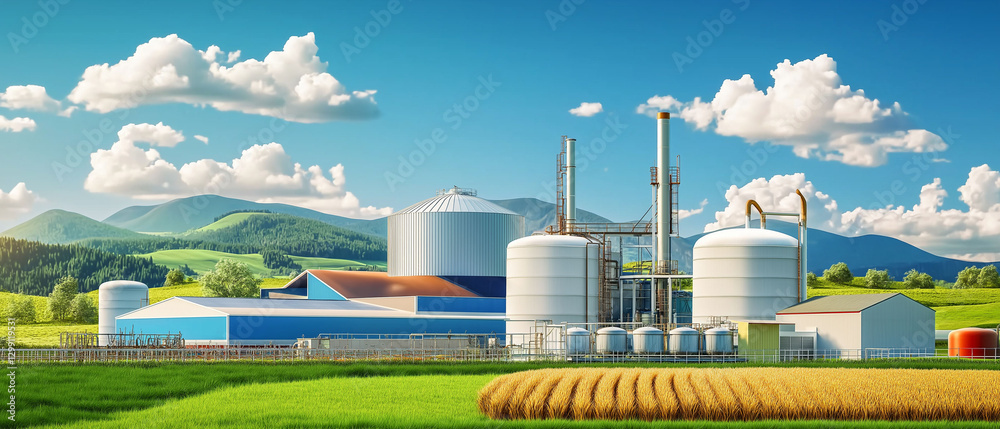 Anaerobic digestion biogas systems. A realistic dairy farm scene ...
