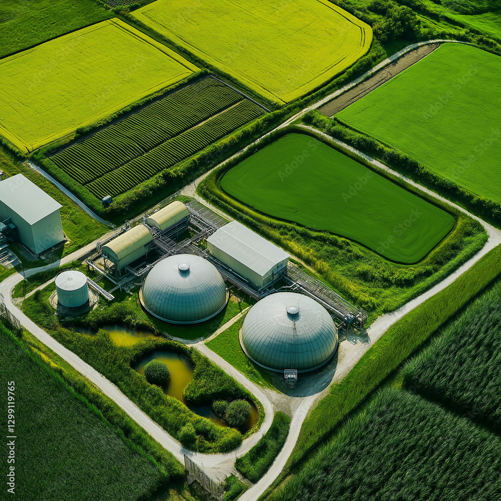 Anaerobic digestion biogas systems. Aerial view of a biogas plant ...