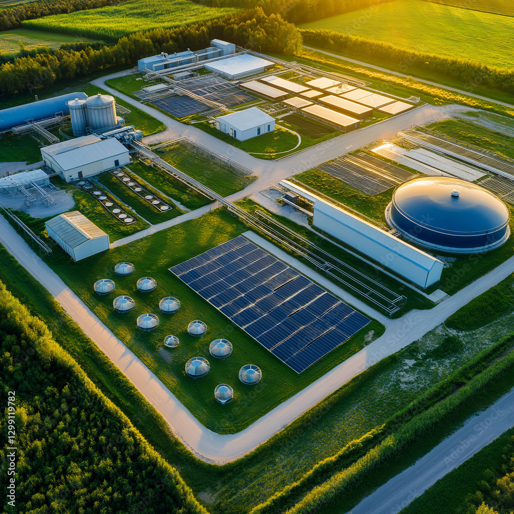 Anaerobic digestion biogas systems. Aerial view of a biogas plant ...