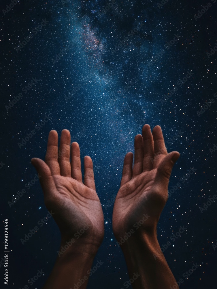 Hands raised in prayer, with a starry night sky background, symbolizing ...