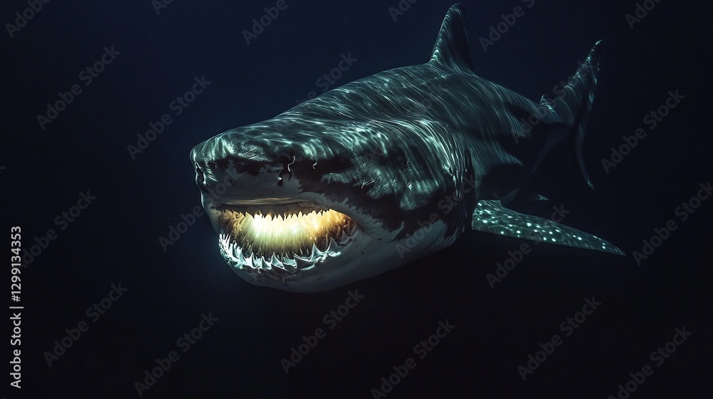 Rare Megamouth Shark swimming through the deep ocean its massive gaping ...