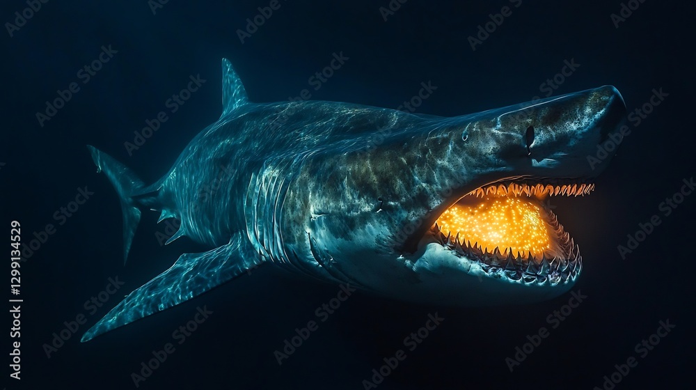 Rare Megamouth Shark swimming through the deep ocean its massive gaping ...